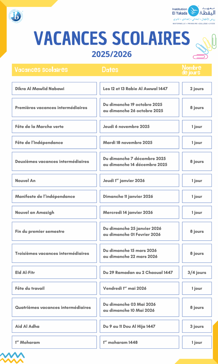 Liste des vacances – EL YAKADA